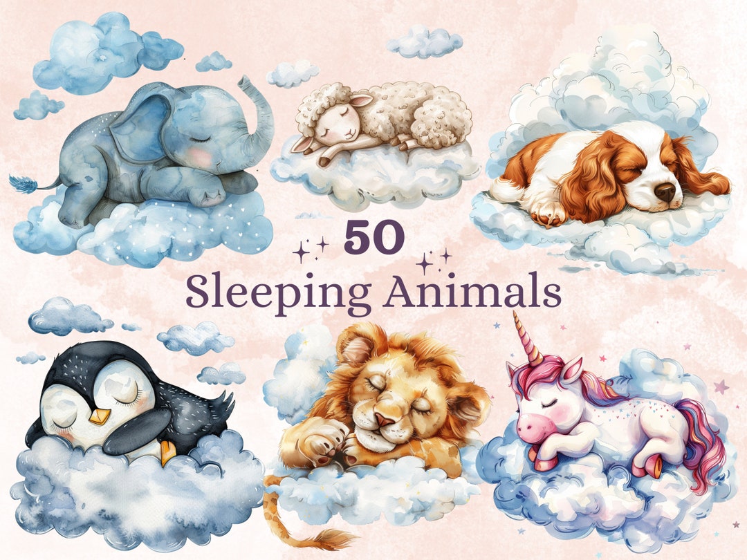50 PNG Watercolor Sleeping Animals Clipart, Woodland Baby Shower ...