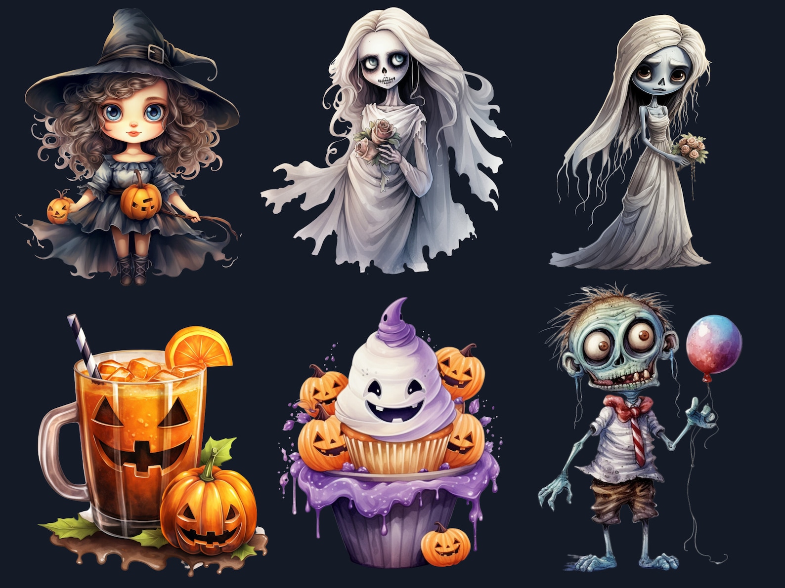 50 PNG Watercolor Cute Halloween Bundle Clipart, Kawaii Halloween ...