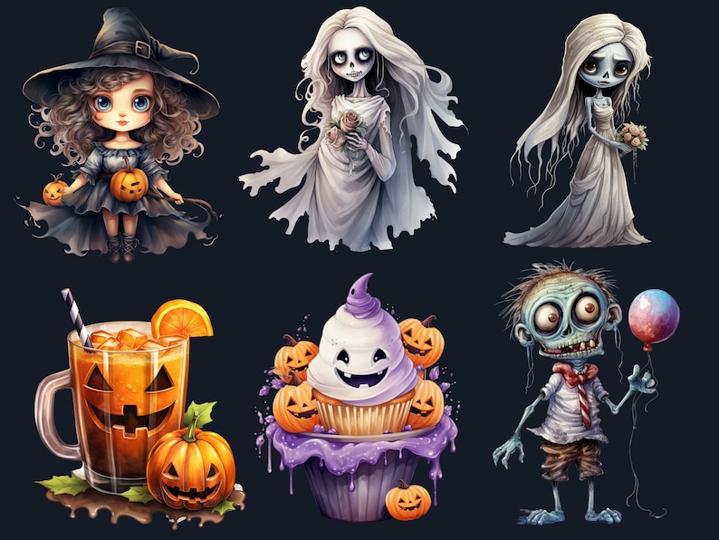 50 PNG Watercolor Cute Halloween Bundle Clipart, Kawaii Halloween ...