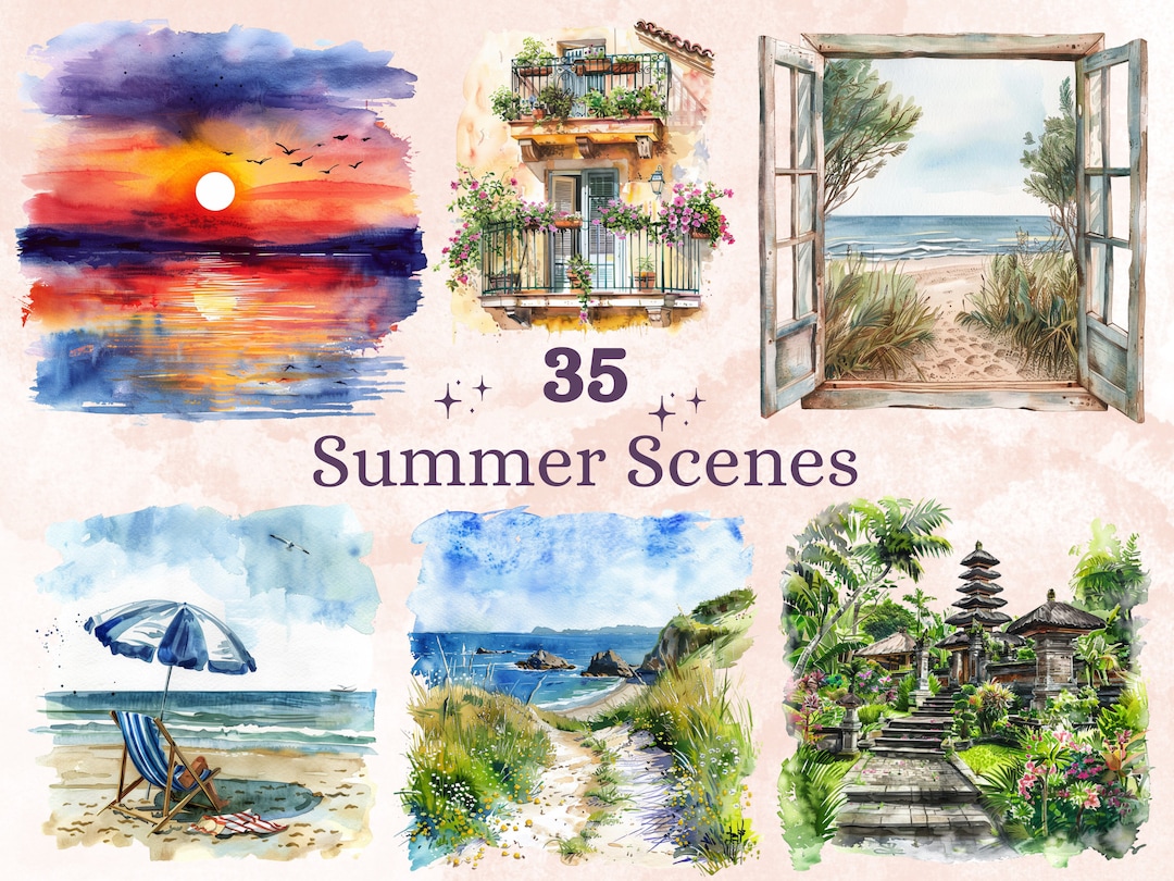 35 PNG Watercolor Summer Scenes Clipart, Summer Landscape Illustrations ...