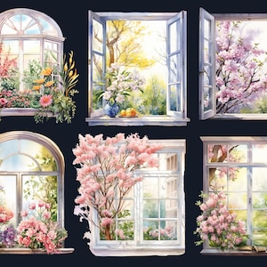 35 PNG Watercolor Spring Windows Clipart, Pink Floral Spring ...