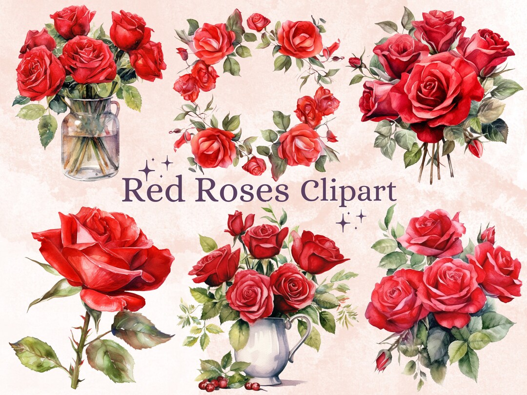 30 PNG Watercolor Red Roses Clipart Bundle, Red Rose PNG Clip Art ...