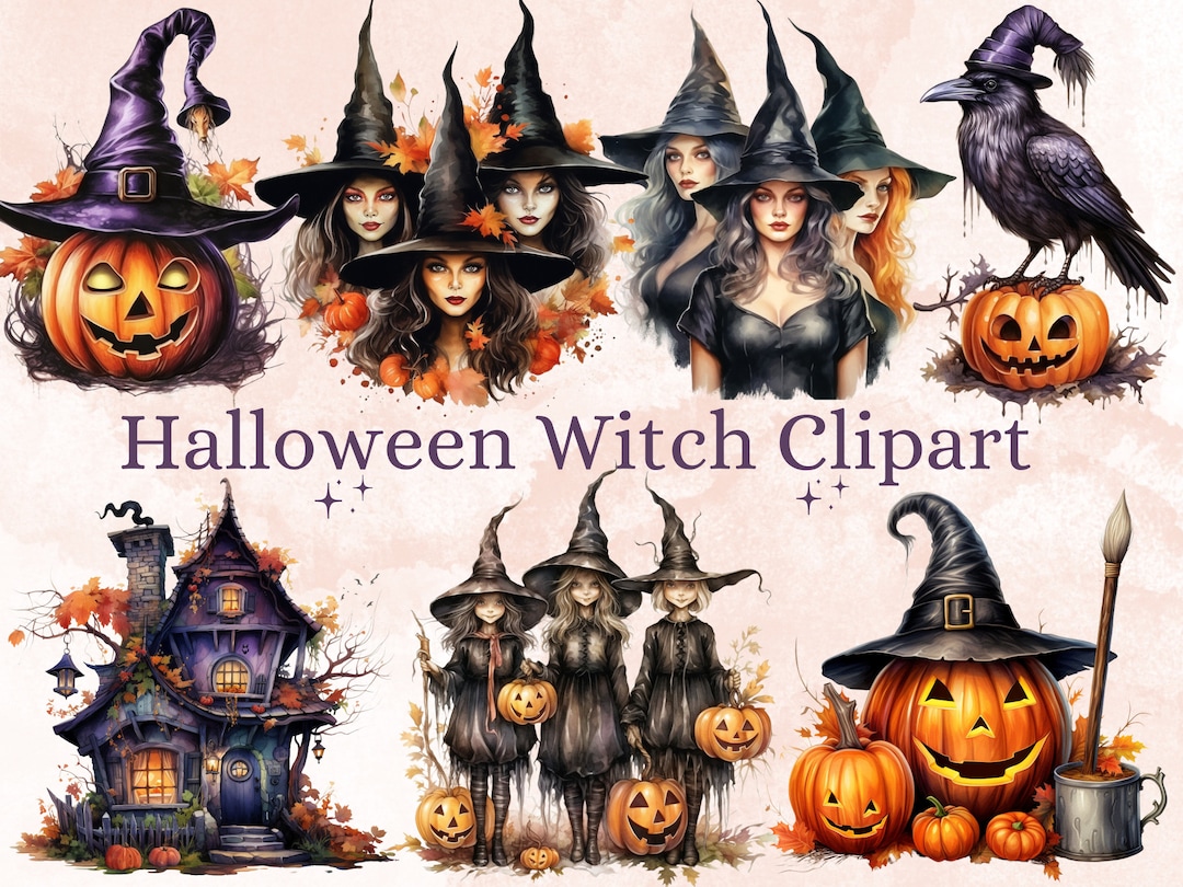 45 PNG Watercolour Halloween Witch Clipart, Pumpkin Witch Sisters ...