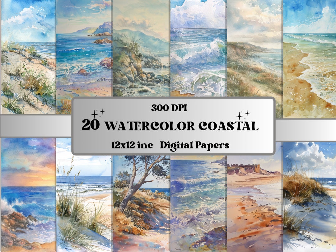 Watercolor Coastal Scenes Digital Paper, Soft Pastel Summer Beach ...