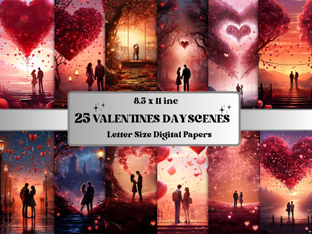 Printable Valentine's Day Scenes Digital Paper, Romantic Valentine ...
