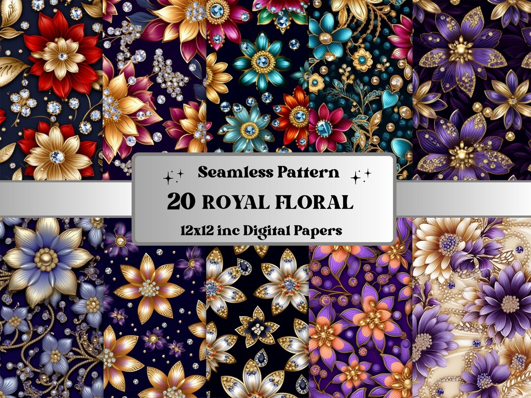 Seamless Royal Flowers Digital Paper, Jewelled Floral Seamless Pattern ...