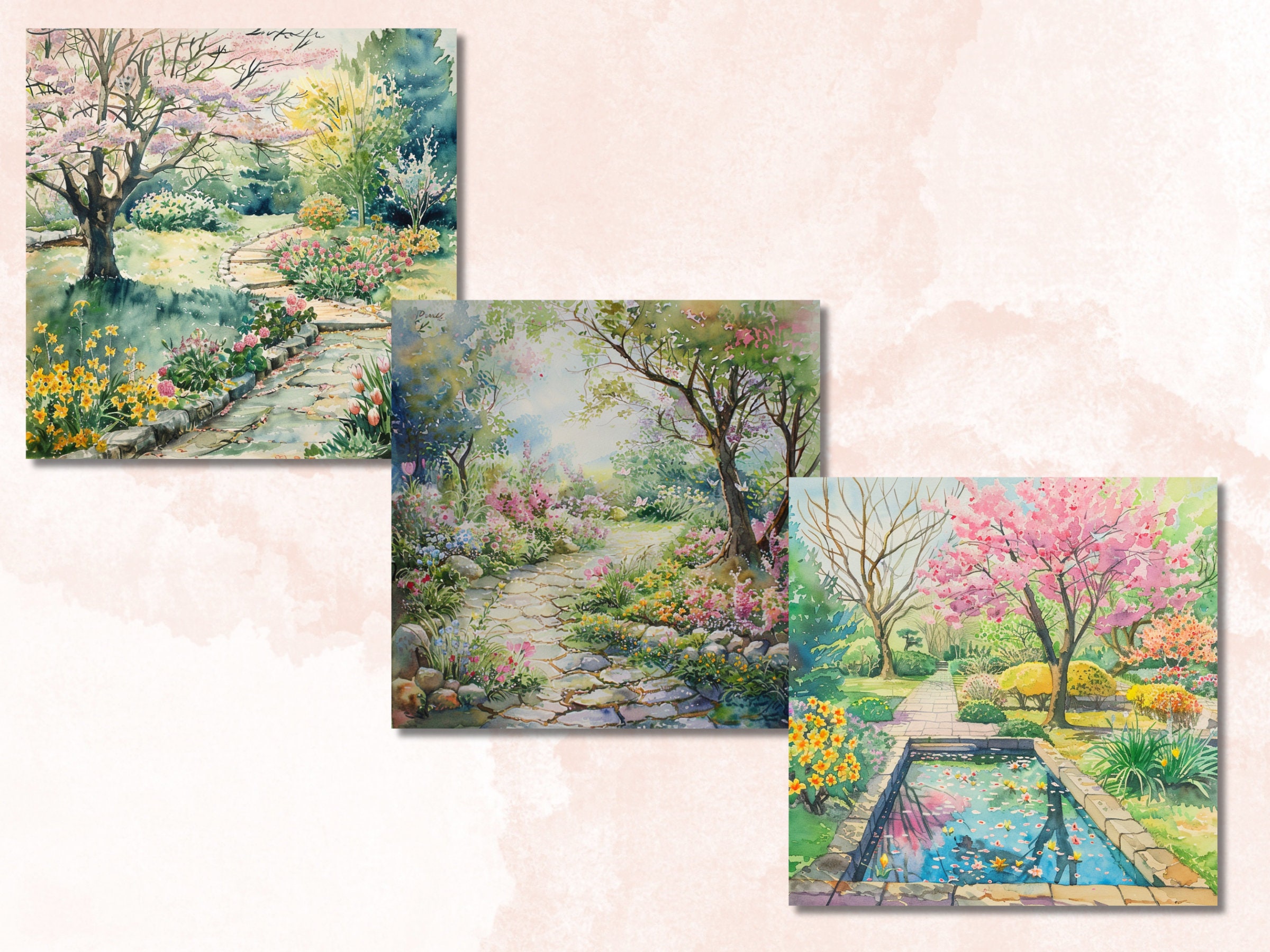Printable Watercolor Spring Scenes Digital Paper, Cozy Spring ...