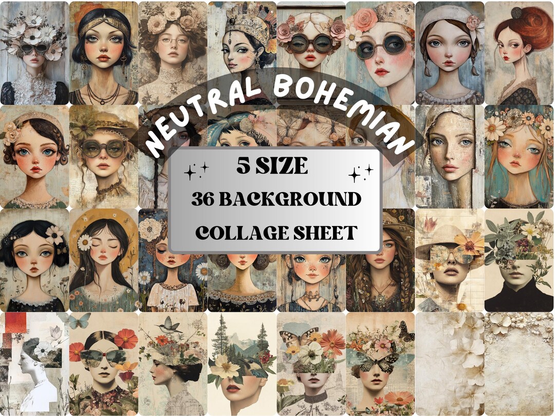 Neutral Bohemian Collage Paper, Surreal Quirky Mixed Media Sheet ...