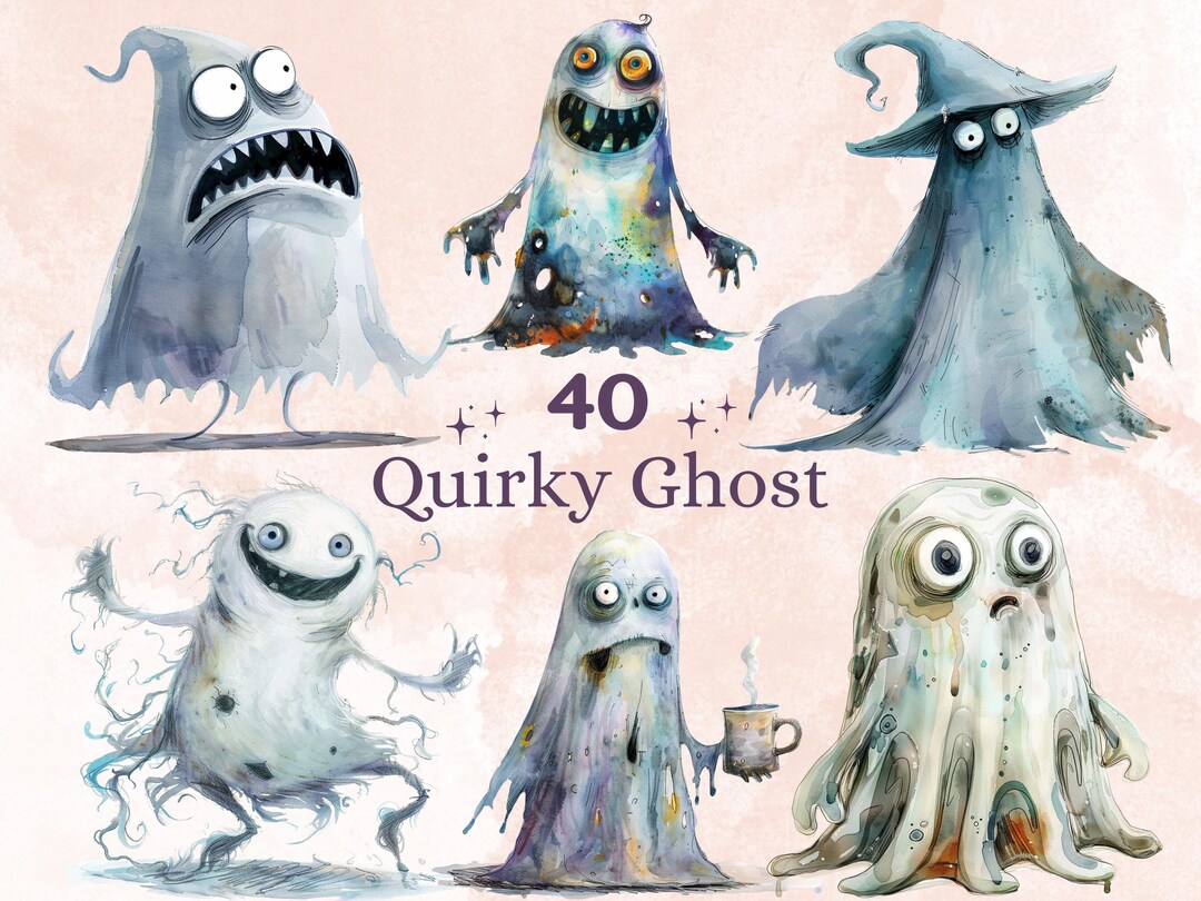 40 PNG Watercolor Quirky Ghost Clipart, Funny Whimsical Ghost ...