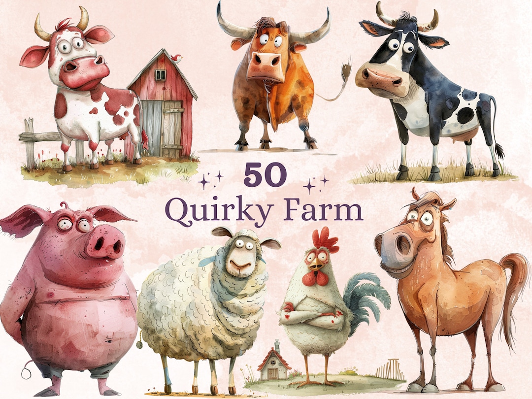 50 PNG Watercolor Quirky Farm Animals Clipart, Whimsical Farm ...