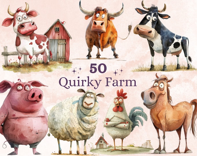 24 Quirky Farm Animals Clipart PNG Images - Watercolor Cute & Funny ...