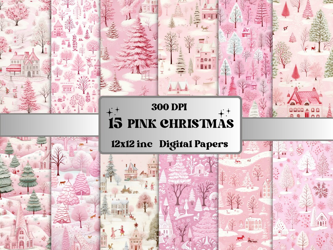 Printable Pink Christmas Digital Paper, Pastel Christmas Ephemera ...