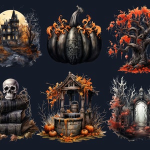 45 PNG Watercolor Gothic Fall Clipart Bundle , Creepy Autumn Pumpkin ...