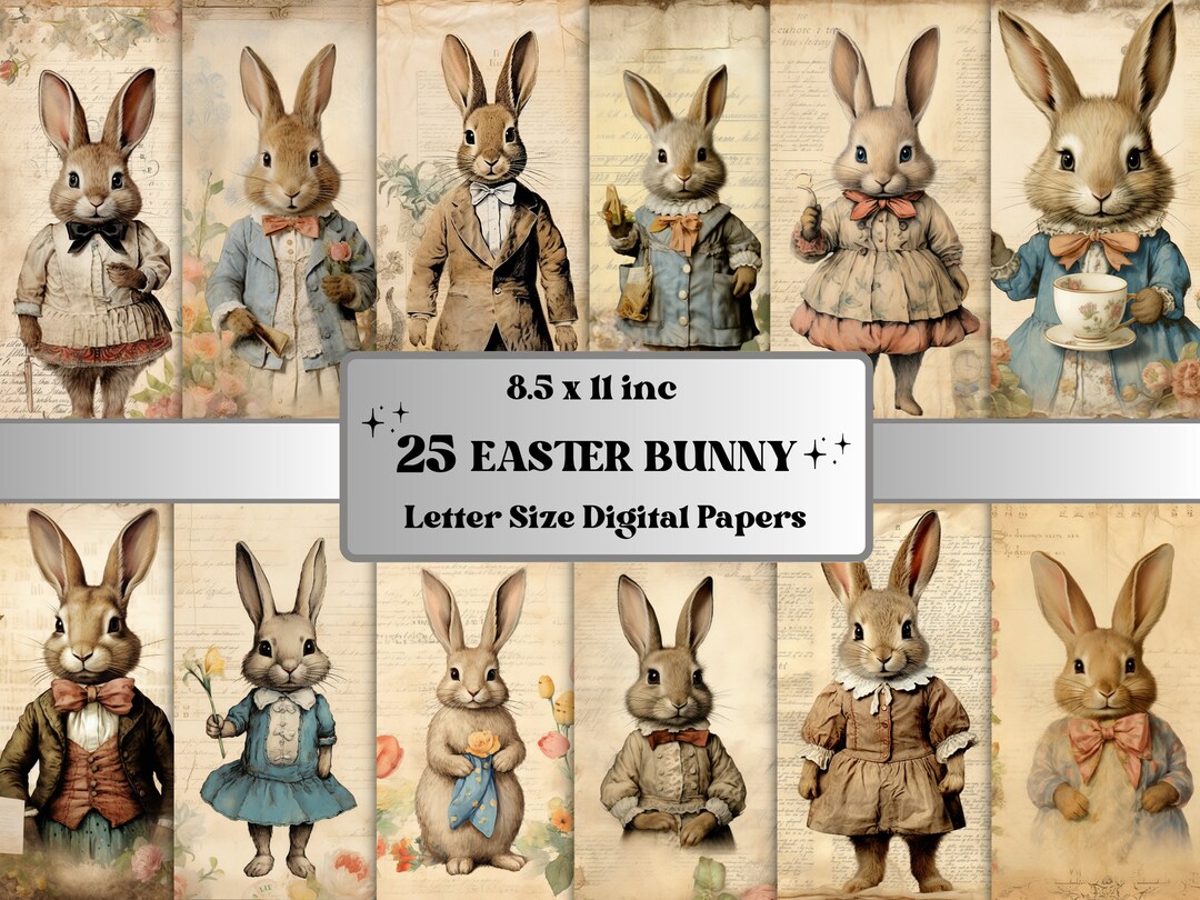 Printable Easter Bunny Digital Paper, Easter Rabbit Ephemera Collage ...