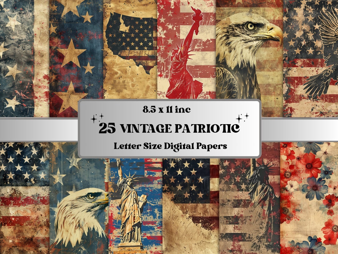 Vintage Patriotic America Digital Paper, 4th of July Americana Ephemera ...