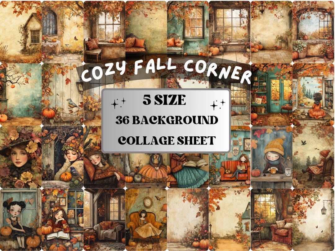 Cozy Fall Corner Collage Paper, Comfy Fall Mixed Media Sheet, Whimsical ...