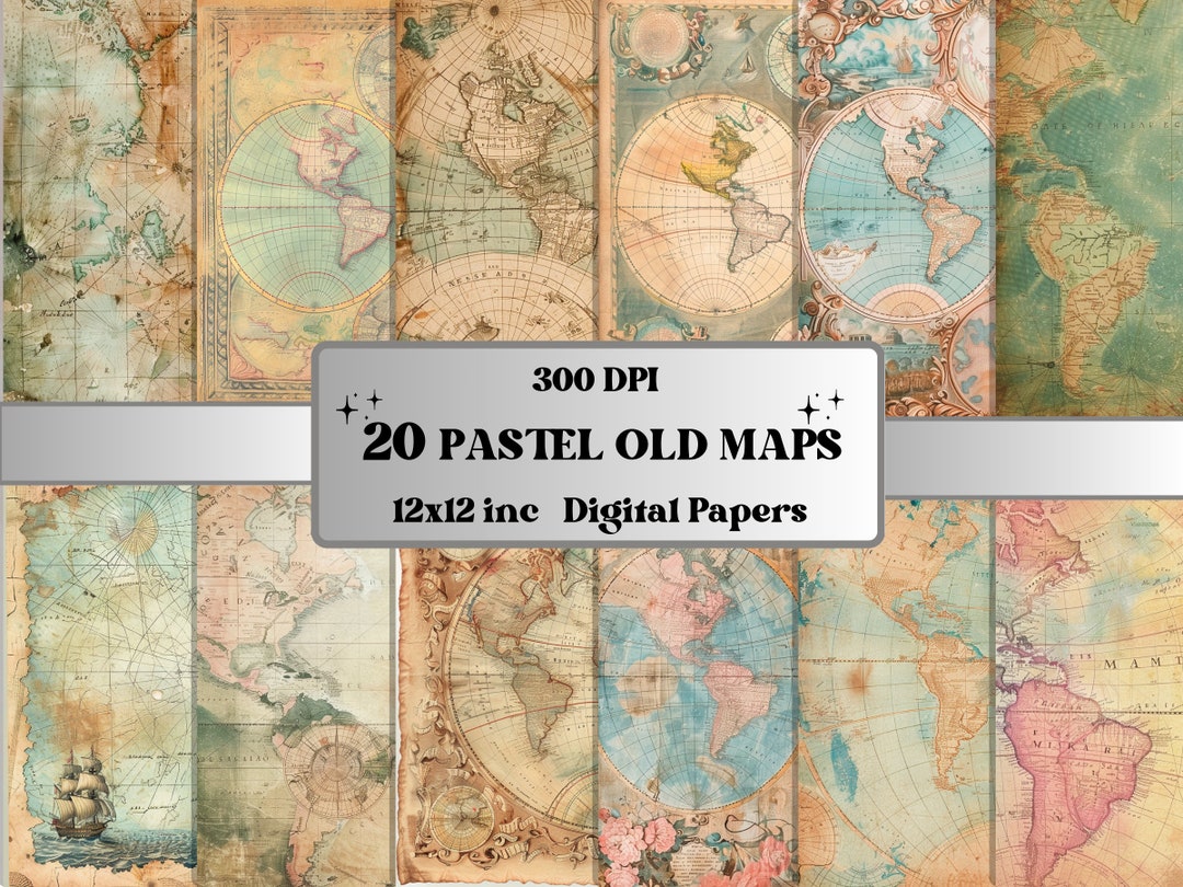 Pastel Old Maps Textures Digital Paper, Antique Map Junk Journal Pages ...