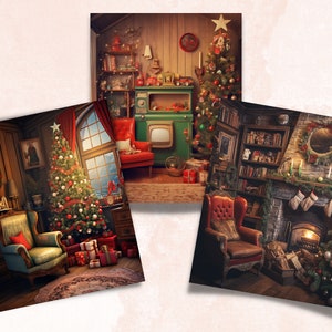 Printable Vintage Christmas Interior Digital Paper, Christmas Holiday ...