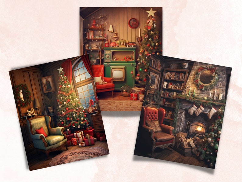 Printable Vintage Christmas Interior Digital Paper, Christmas Holiday ...