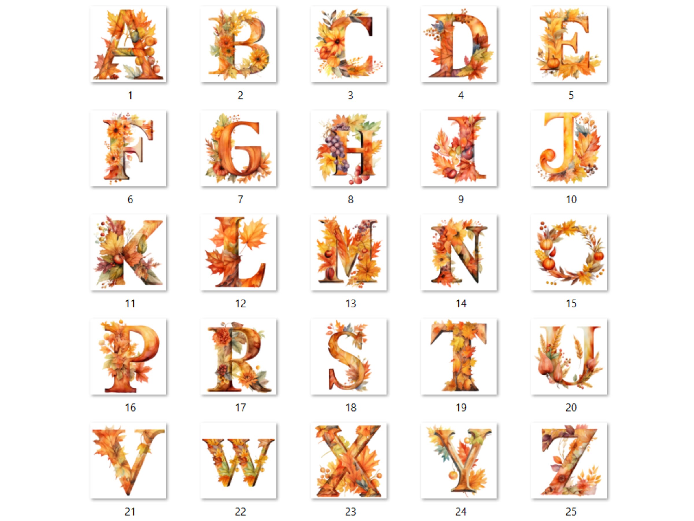 25 PNG Watercolor Fall Alphabet Clipart, Floral Autumn Letters ...