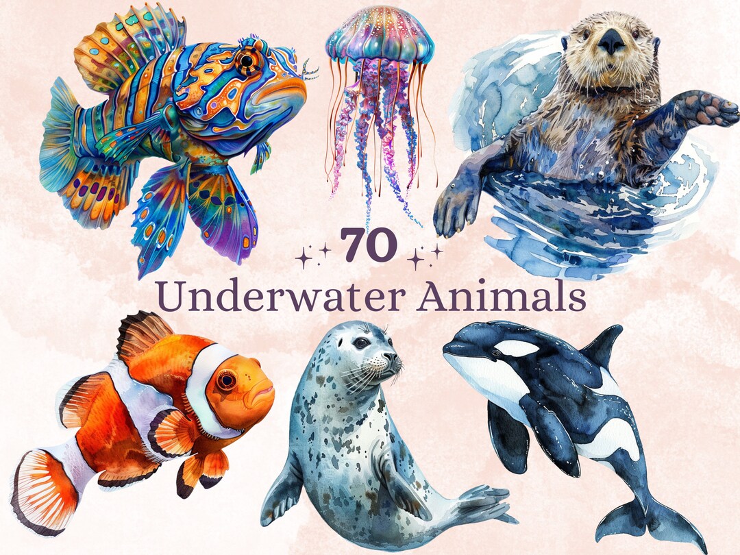 70 PNG Watercolor Underwater Animals Bundle Clipart, Ocean Nursery Clip ...