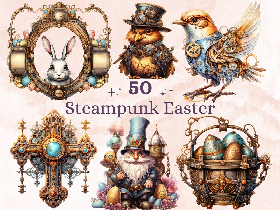 50 PNG Watercolor Steampunk Easter Bundle Clipart, Spring Easter Egg ...