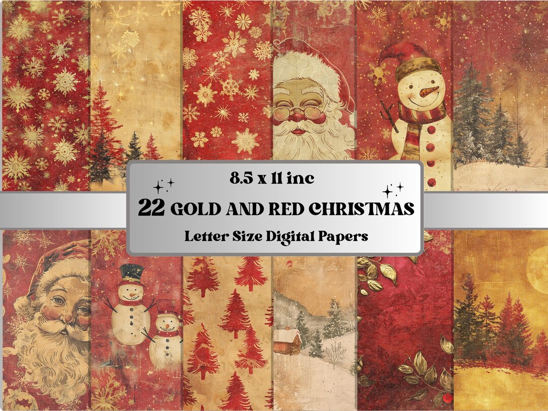 Printable Gold and Red Christmas Digital Paper, Mixed Media Christmas ...