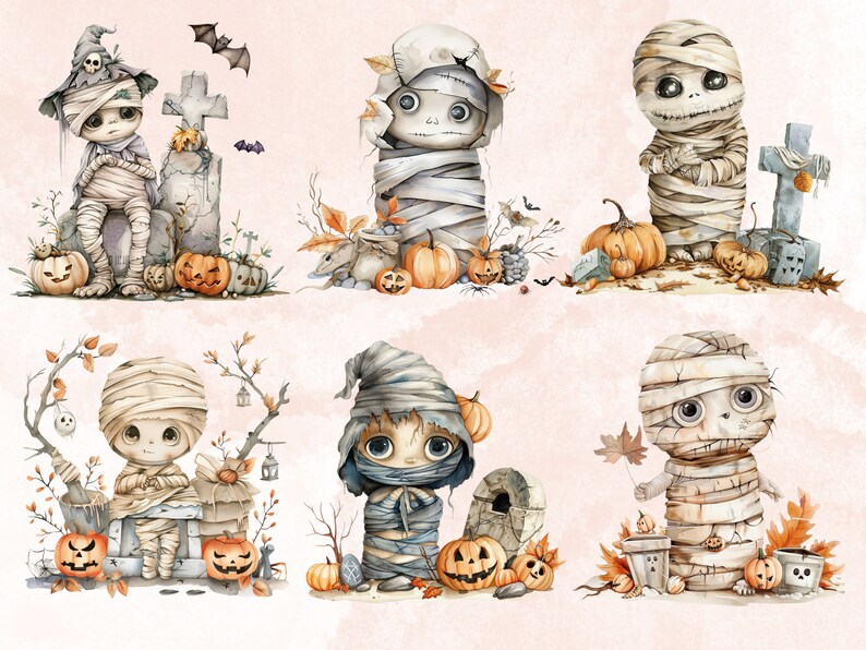 30 PNG Watercolor Halloween Mummy Clipart, Cute Creepy Halloween ...