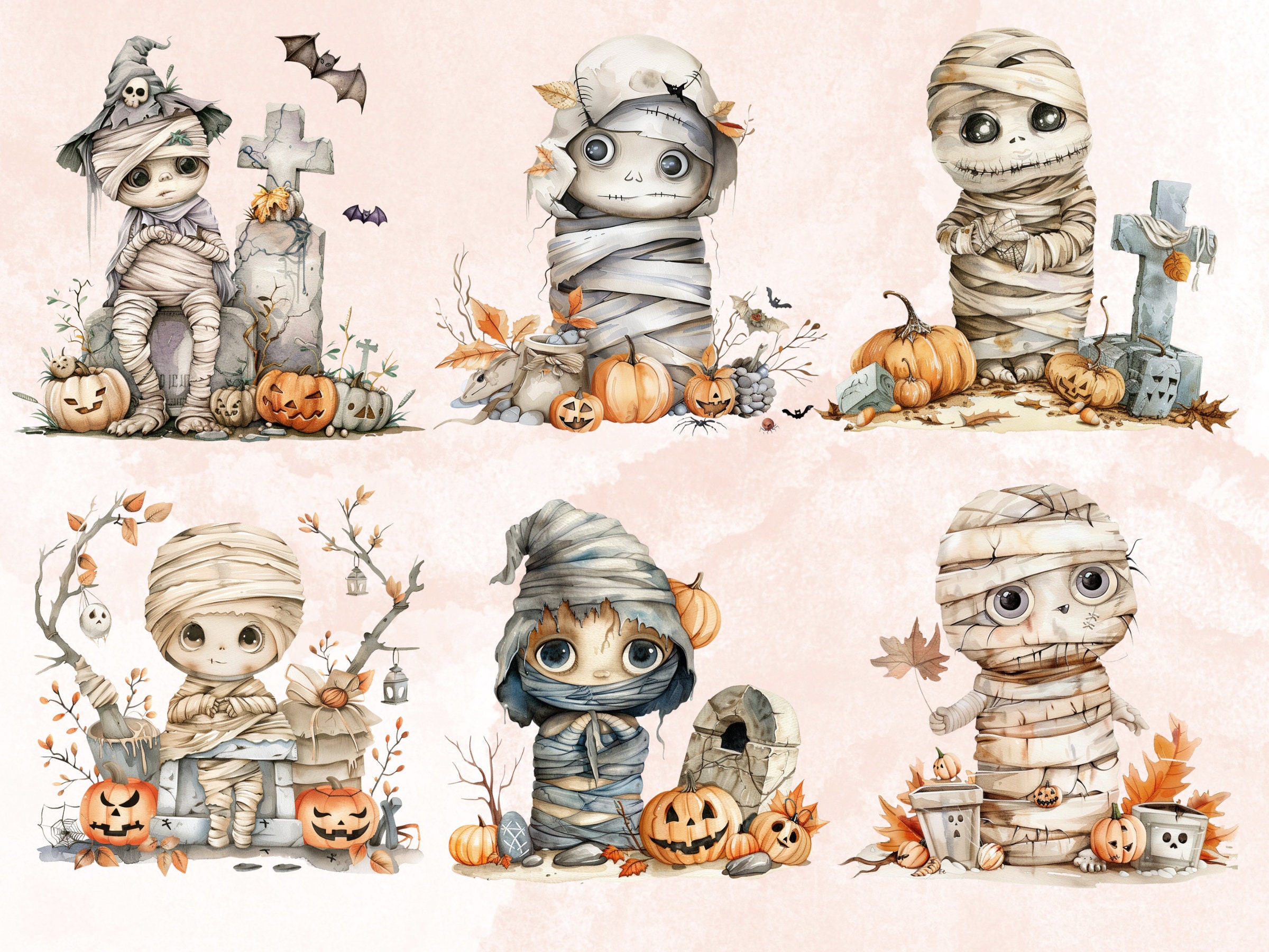 30 PNG Watercolor Halloween Mummy Clipart, Cute Creepy Halloween ...