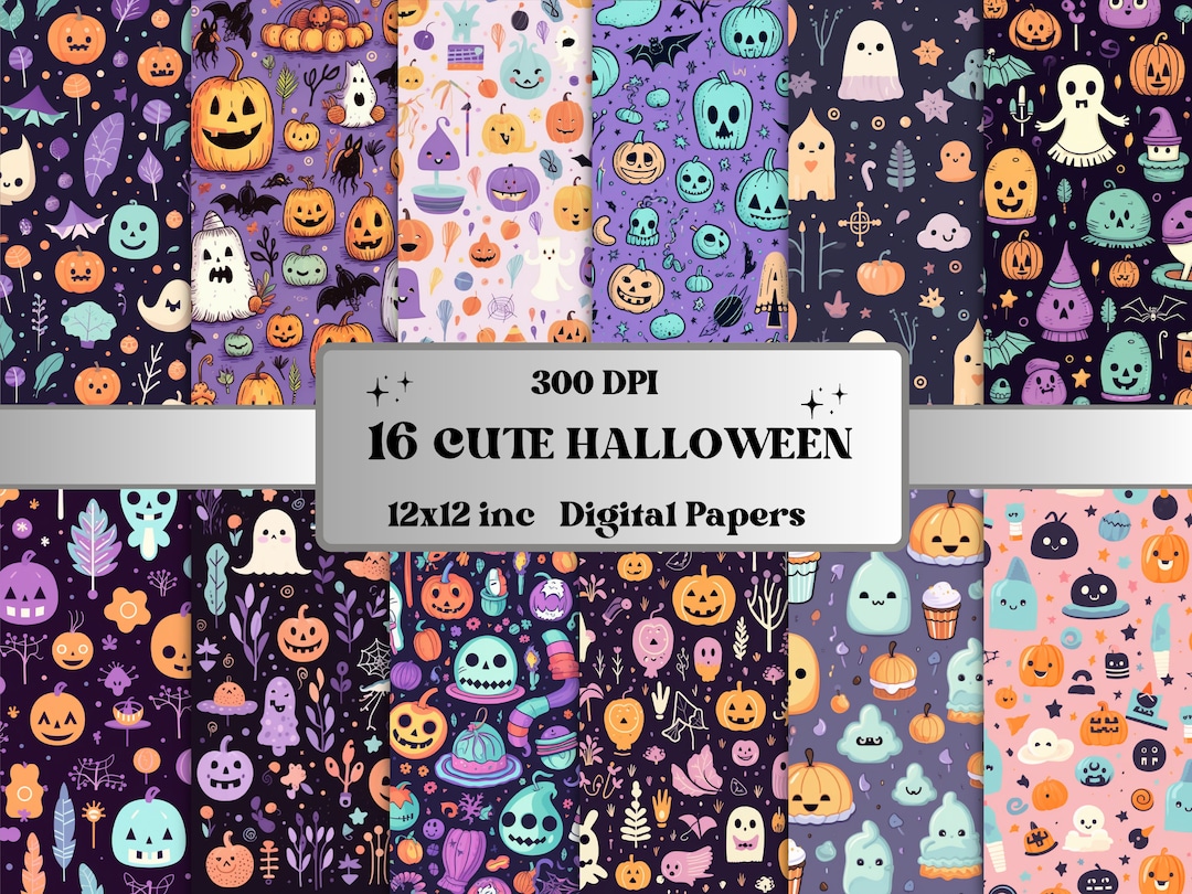 Printable Cute Creepy Halloween Digital Paper, Happy Halloween Kawaii ...
