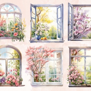 35 PNG Watercolor Spring Windows Clipart, Pink Floral Spring ...