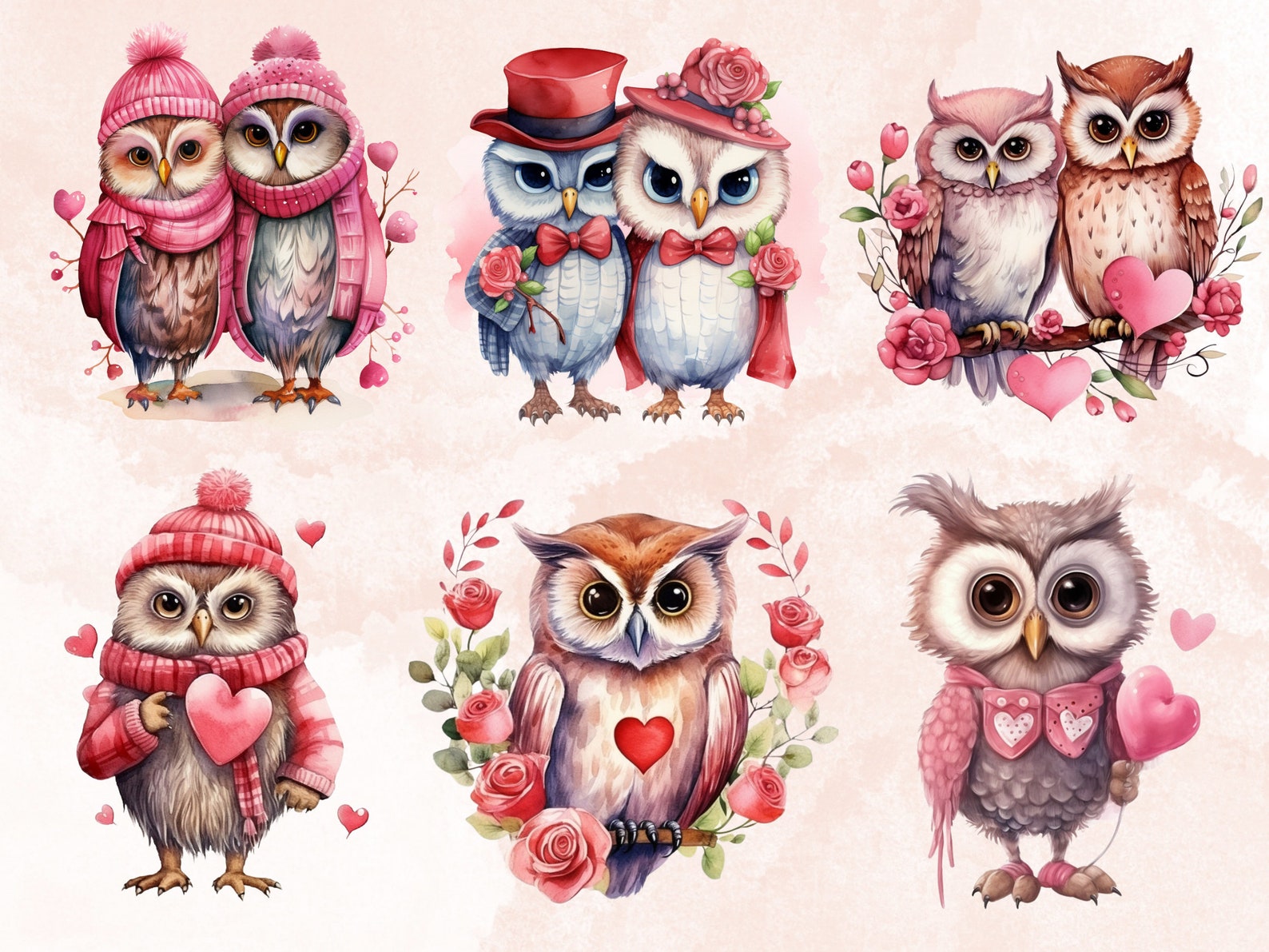 40 PNG Watercolor Valentine's Day Owls Clipart, Lovely Valentines Day ...