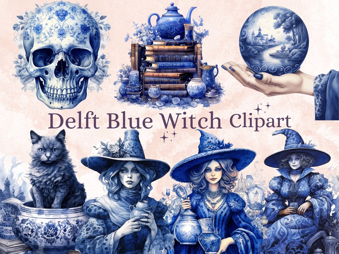 40 PNG Watercolour Delft Blue Witch Clipart, Witchcraft Clip Art, Witch ...