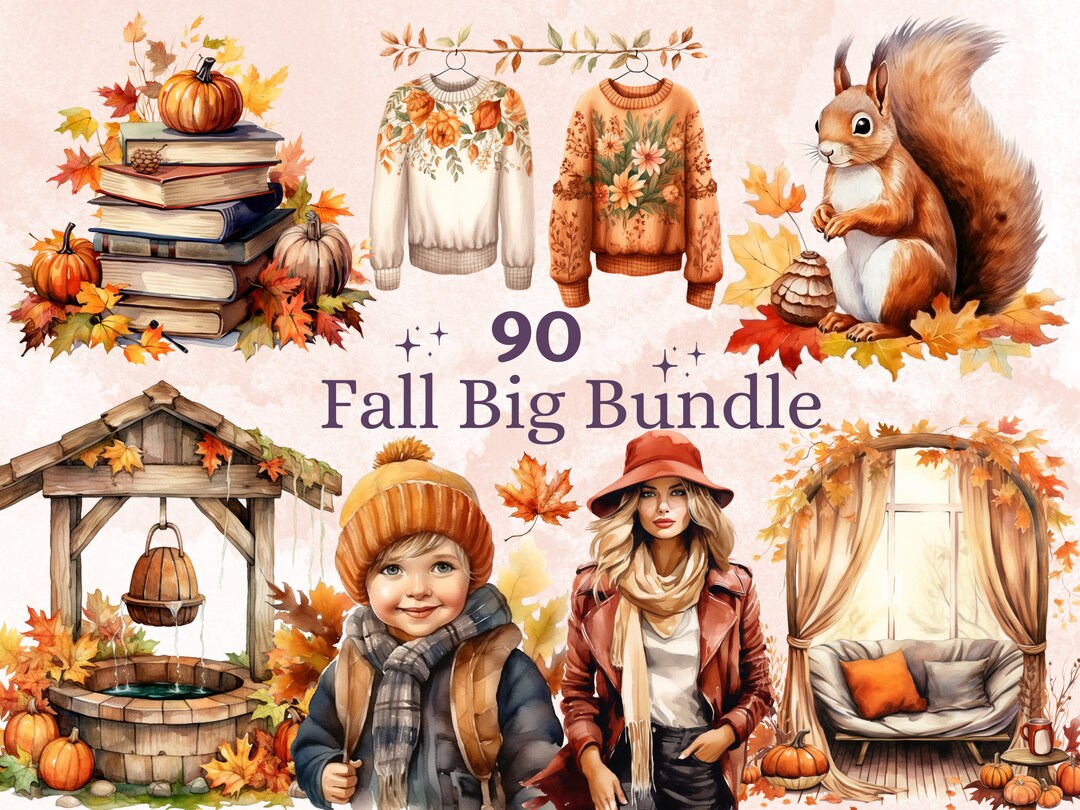 90 PNG Watercolor Fall Big Bundle Clipart, Rustic Autumn Illustrations ...