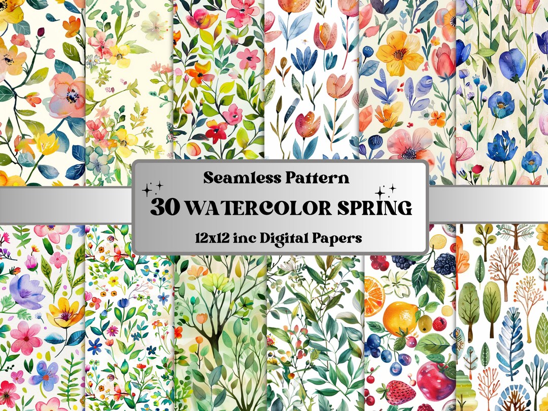 Seamless Watercolor Spring Digital Paper, Spring Botanical Seamless Pattern, Floral Tree ...