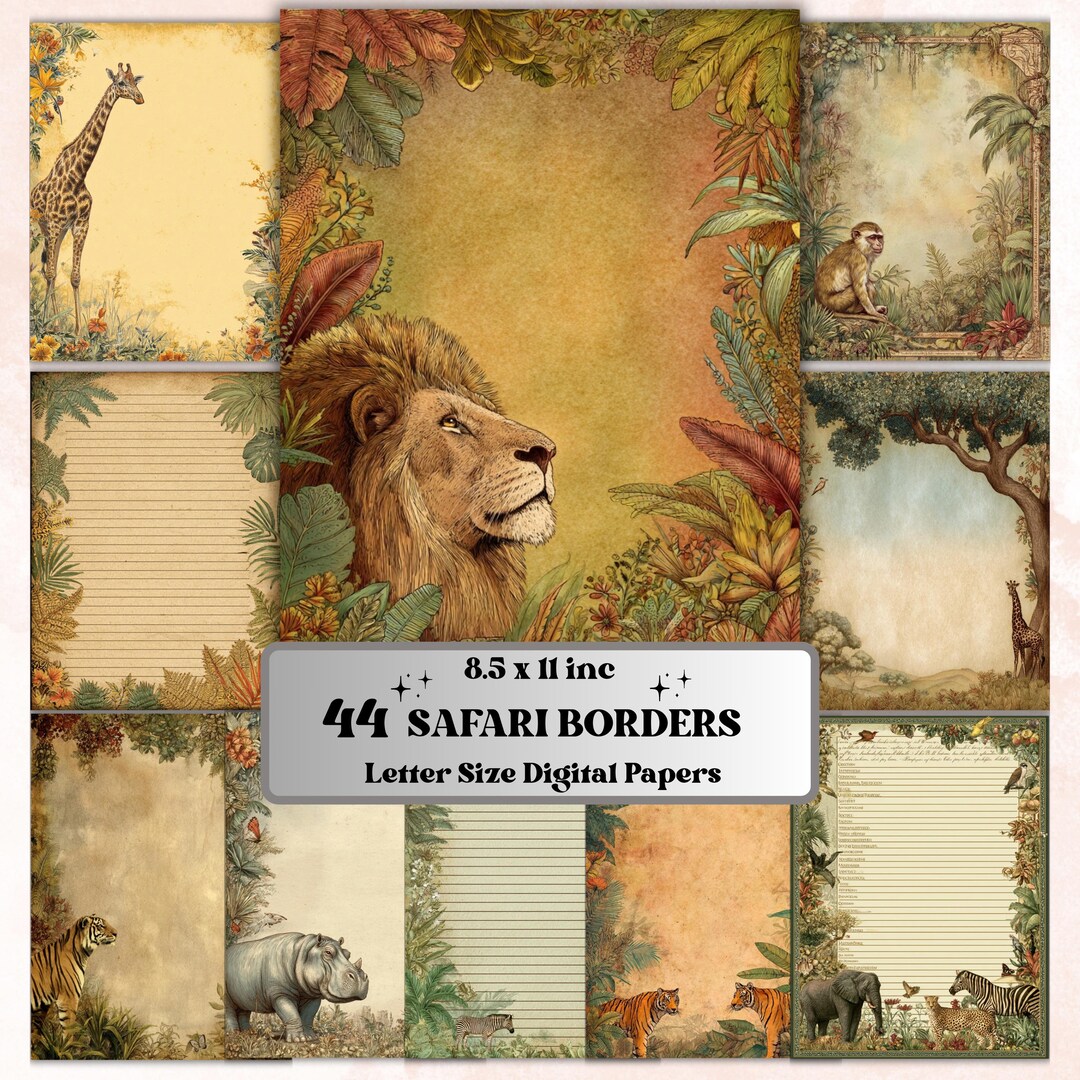 44 Safari Border Lined Pages Printable, Letter Size Jungle Animal ...