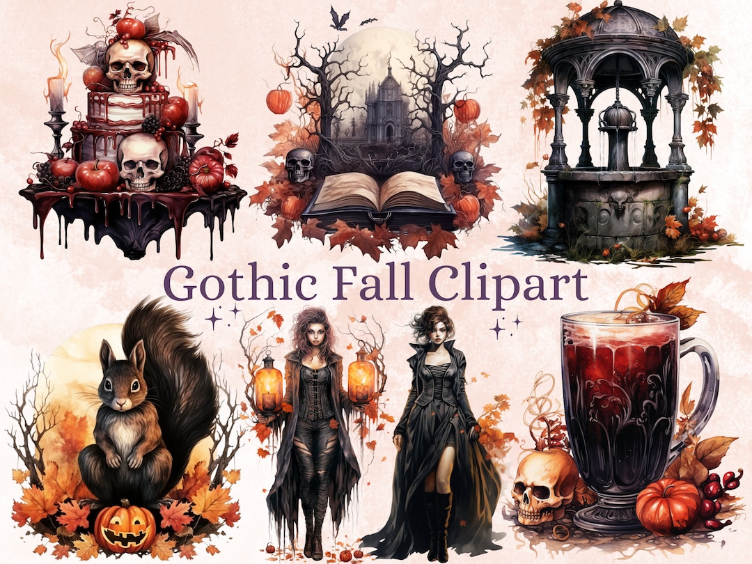45 PNG Watercolor Gothic Fall Clipart Bundle , Creepy Autumn Pumpkin ...