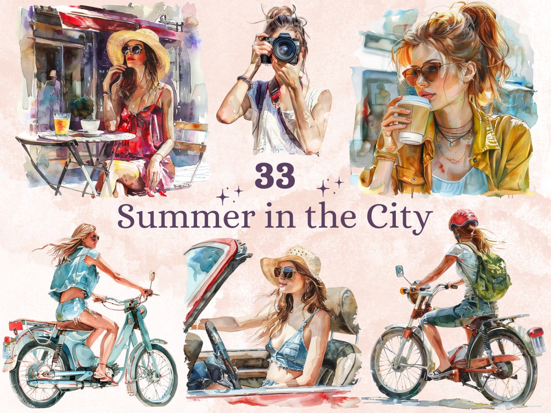33 PNG Watercolor Summer City Clipart, Cozy Summer Girl Illustrations ...