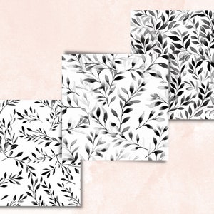 Seamless Watercolour Black and White Leaves Digital Paper, Minimalist ...