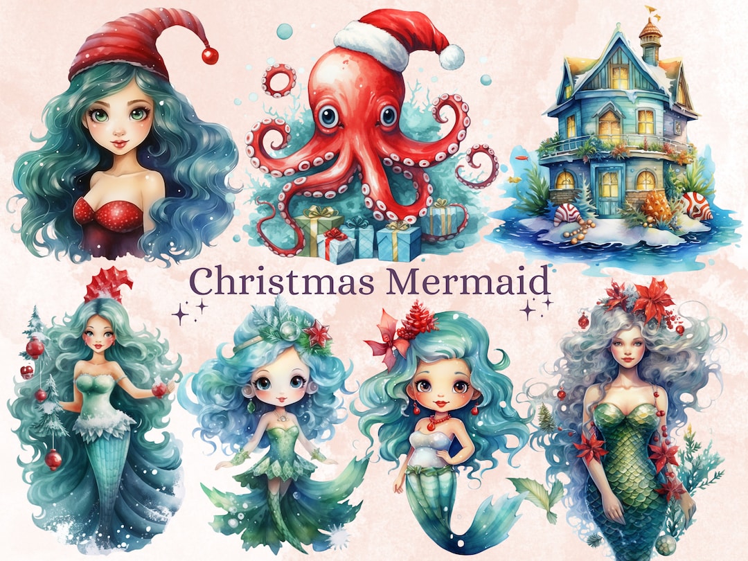 40 PNG Watercolour Christmas Mermaid Clipart, Christmas Underwater ...