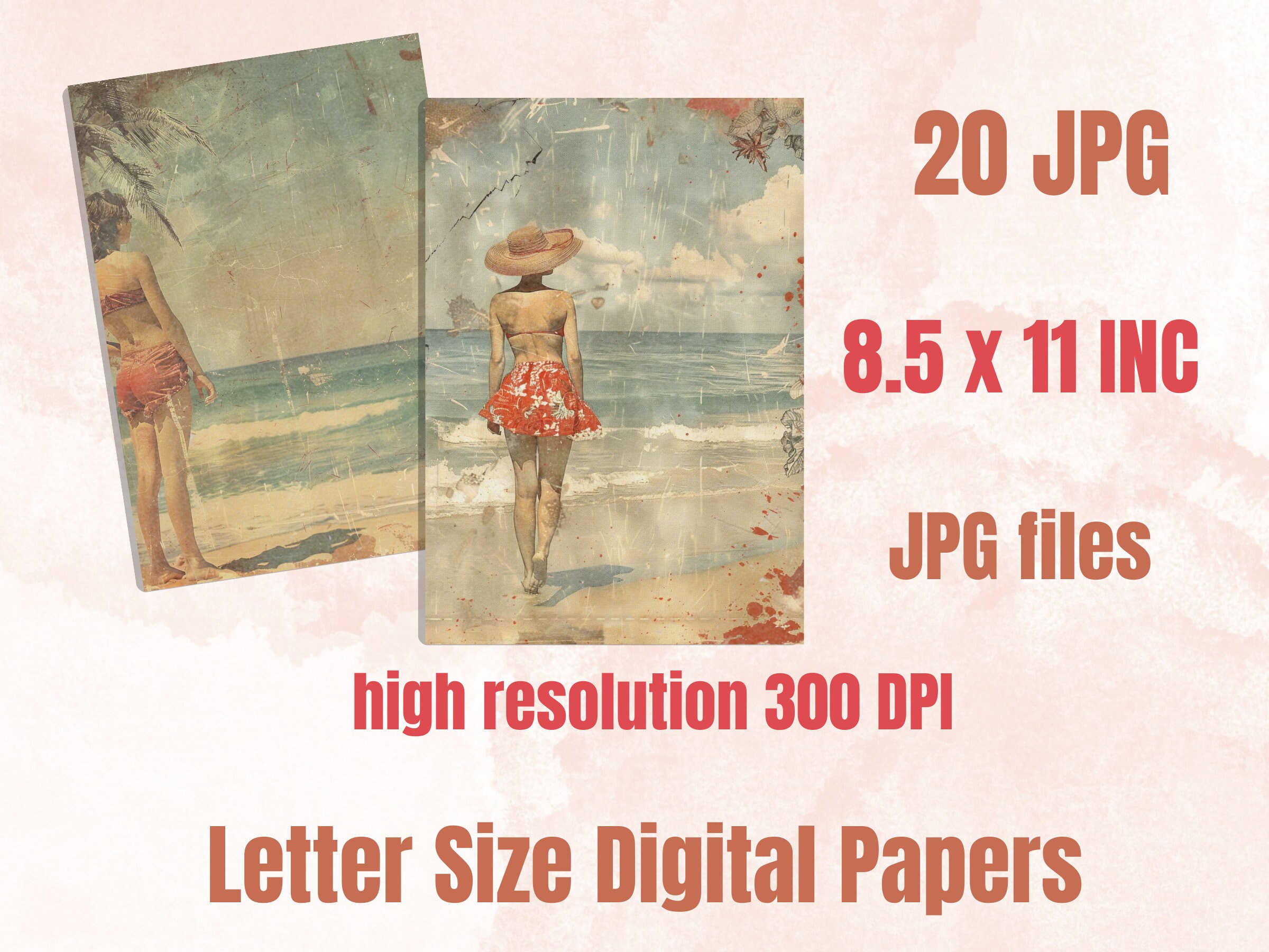 Printable Retro Summer Digital Paper, Retro Beach Palms Collage ...