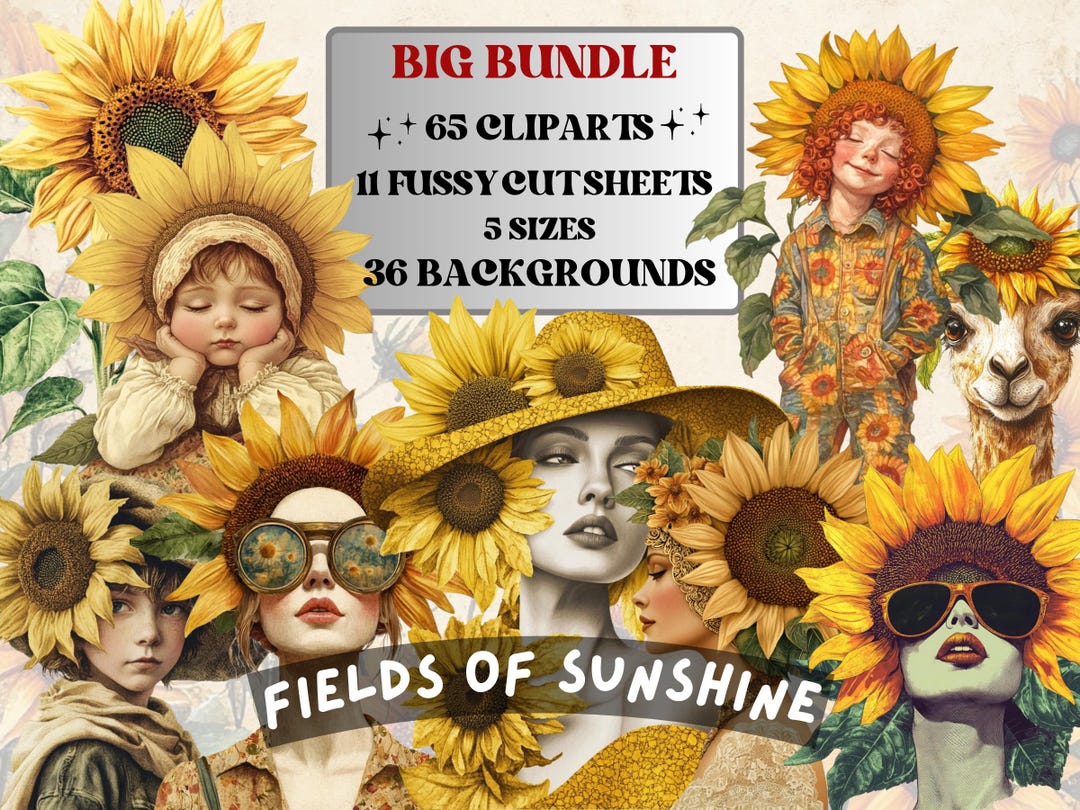 Fields of Sunshine Collage Elements, Whimsical Surreal Spring Fussy Cut ...
