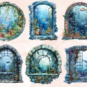 30 PNG Watercolor Under the Sea Window Clipart, Ocean Window Clip Art ...