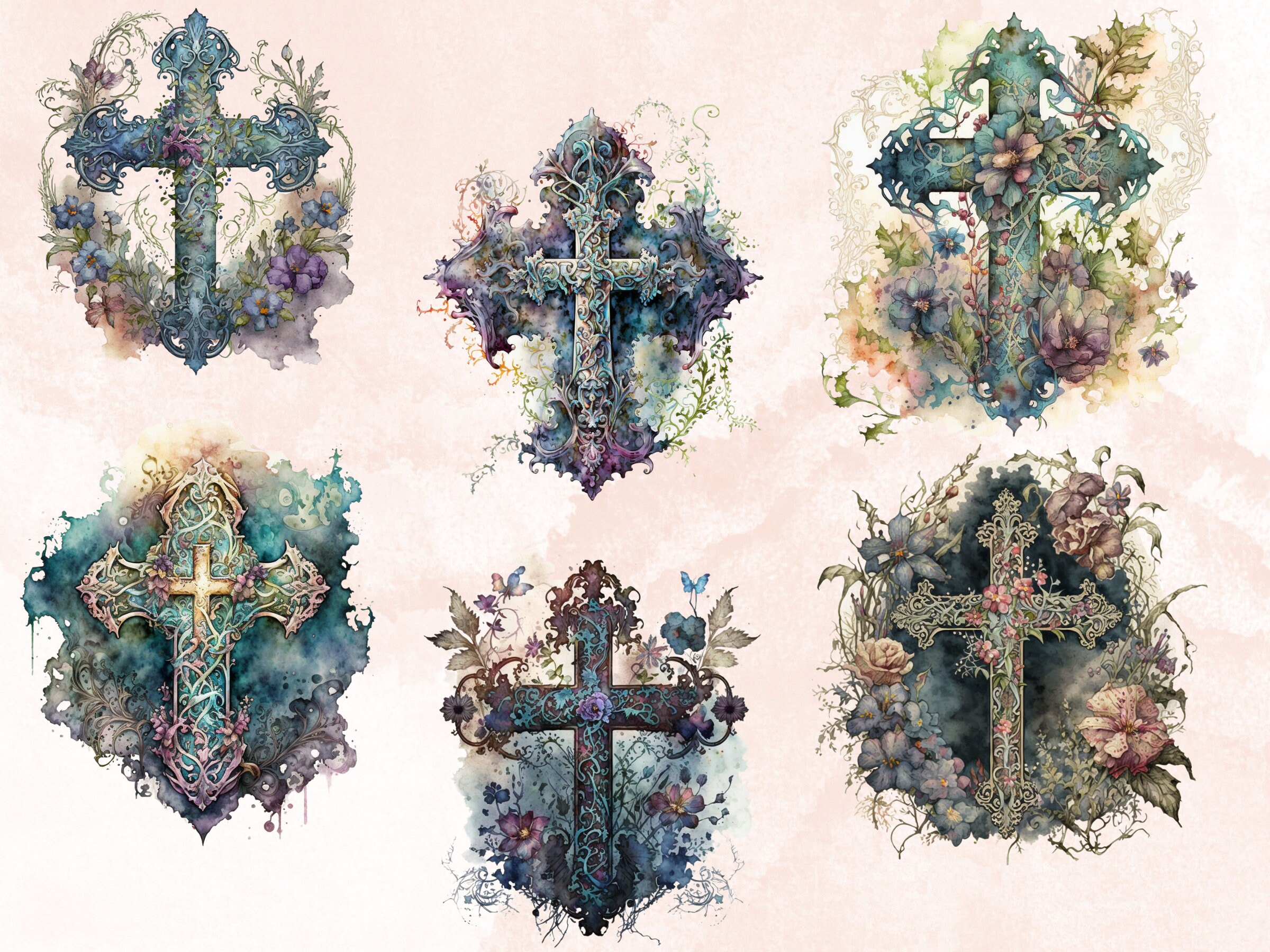 23 PNG Watercolor Fantasy Cross Clipart Floral Cross Clip - Etsy