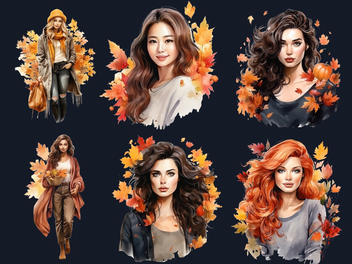 35 PNG Watercolor Fall Beauties Clipart Bundle, Cozy Autumn Lady ...