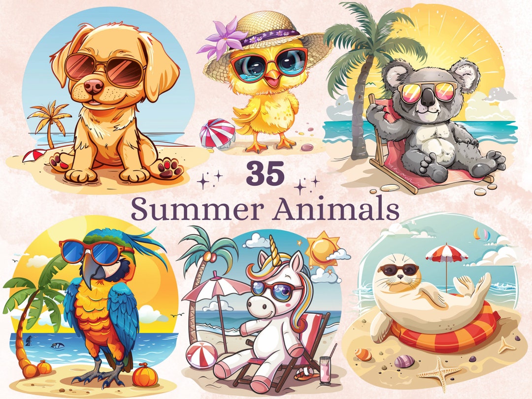 35 PNG Watercolor Cute Summer Animals Clipart, Tropical Summer Funny ...