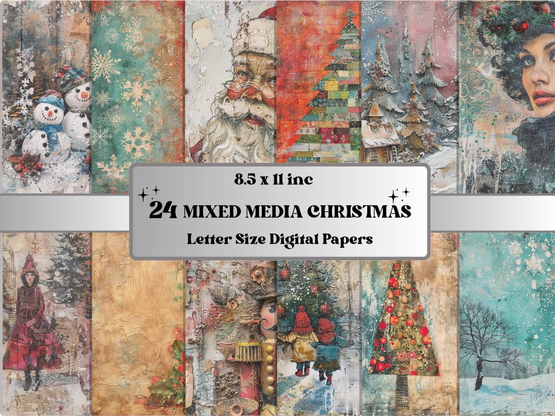 Printable Mixed Media Christmas Journal Paper, Whimsical Christmas ...