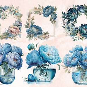 20 PNG Watercolor Blue Peonies Clipart, Blue & Navy Peony Clip Art ...