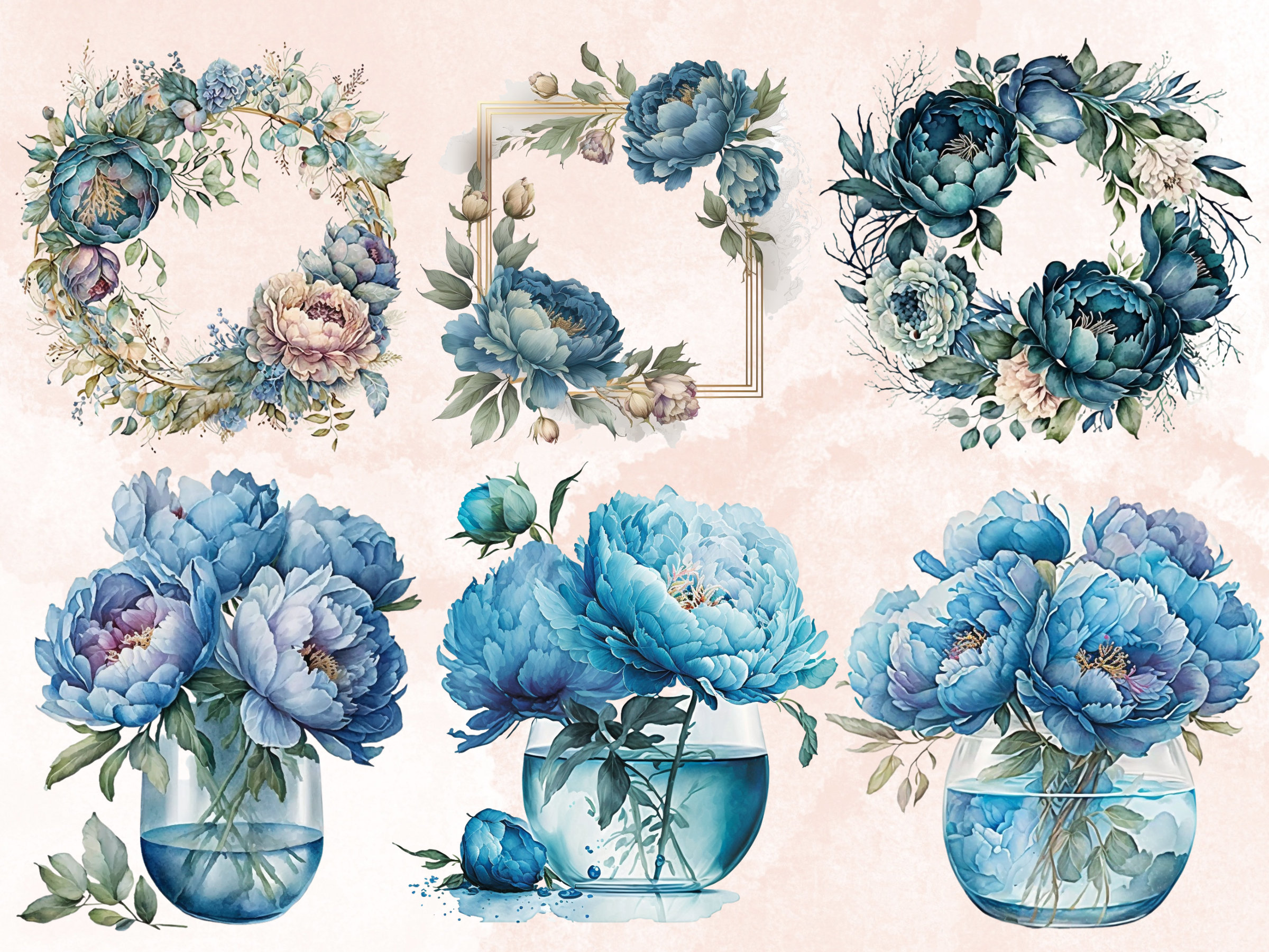 20 PNG Watercolor Blue Peonies Clipart, Blue & Navy Peony Clip Art ...