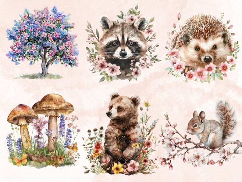 50 PNG Watercolor Spring Woodland Clipart, Floral Spring Forest ...